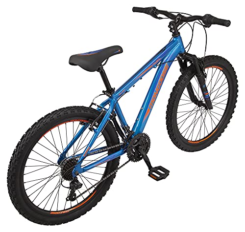 Mongoose Flatrock 21-Speed Hardtail Mountain Bike, 24-Inch Wheels, for Boys Girls Men and Women, Front Suspension, 14.5-Inch Lightweight Aluminum Frame, Blue