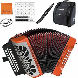 hohner compadre gcf cogo accordion, orange bundle with hohner bag, strap, mini harmonica, juliet music polish cloth & piano key stickers