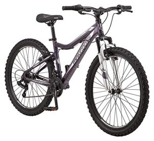 mongoose flatrock 21-speed hardtail mountain bike, 26-inch wheels, for men and women, front suspension, 16-inch lightweight aluminum frame, purple