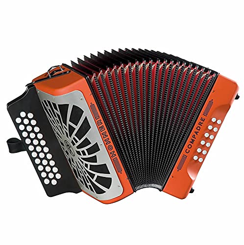 Hohner Compadre GCF COGO Accordion, Orange Bundle with Hohner Bag, Strap, Mini Harmonica, Juliet Music Polish Cloth & Piano Key Stickers