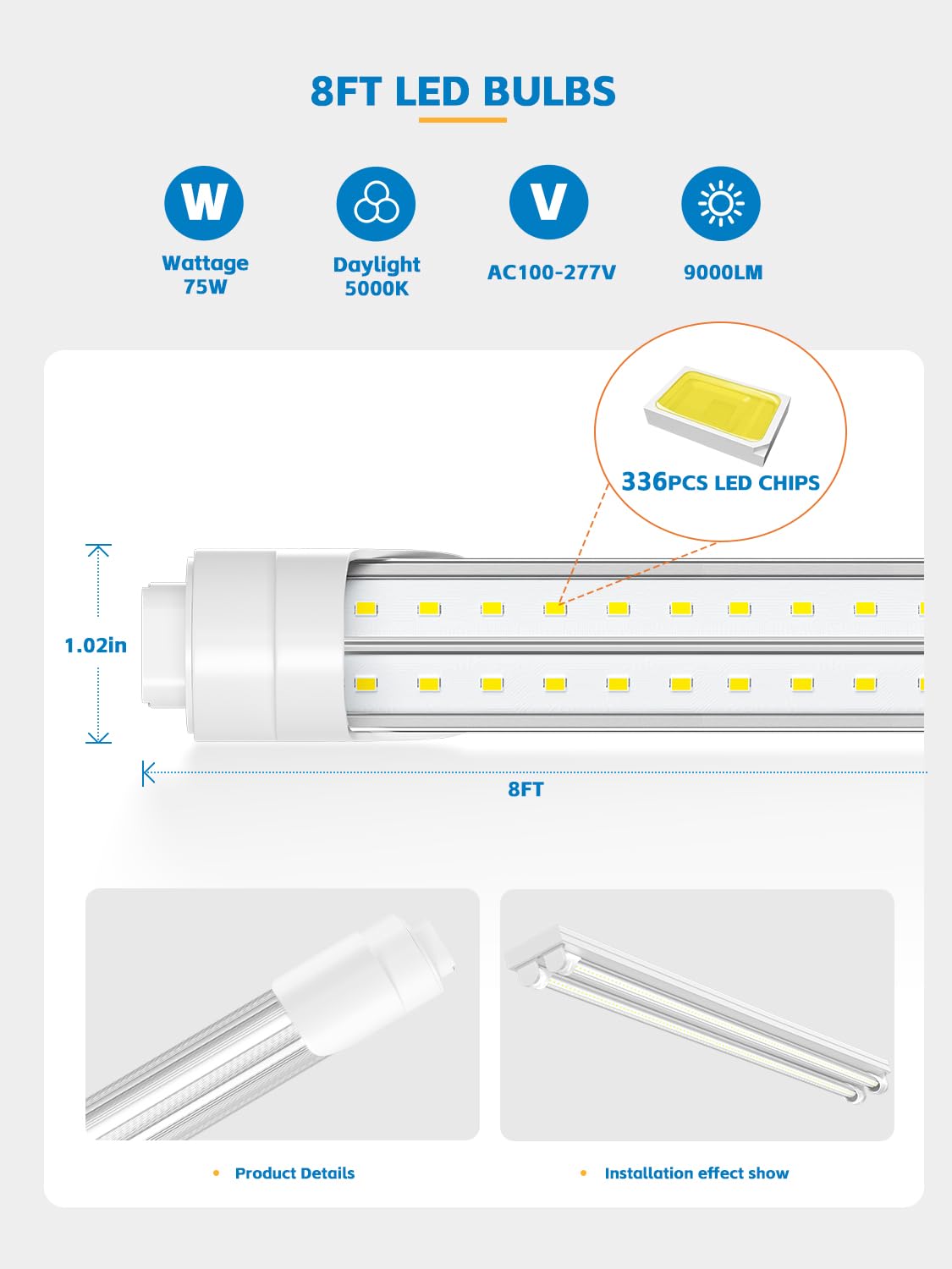 ELEKICO 8FT LED Bulb, 8FT Led Shop Light R17D V Shaped, 8 Foot LED Bulbs 6000K 75W 9500LM, 8 Foot Shop Light, T8/T10/T12 Led Tube Light Replacement, Dual-End Powered Ballast Bypass, Pack of 12