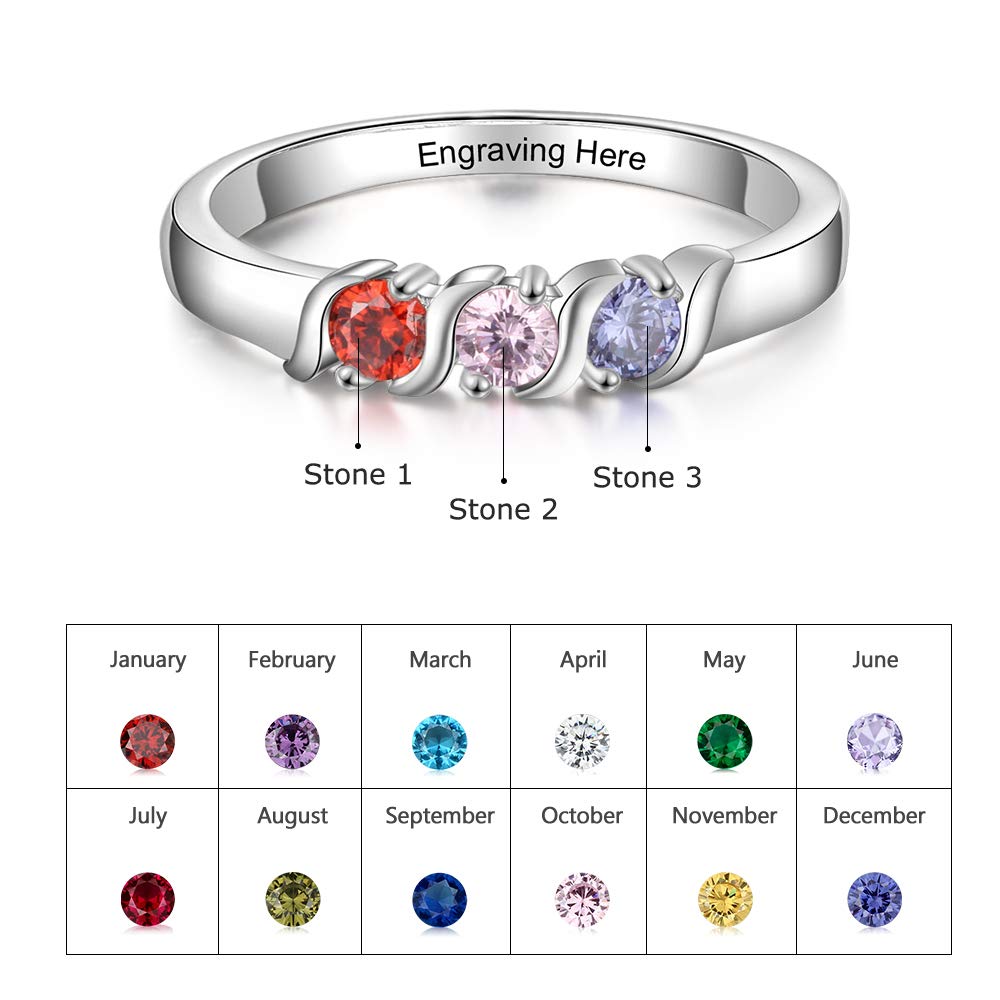 kaululu Personalized Mothers Rings with 3 Birthstones, Custom Engraved 3 Family Name Rings for Women Grandmother Mothers Day Anniversary Ring