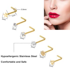 ONESING 40 PCS 20G Nose Rings/Nose Piercings Jewelry, Gold, Hoops L Shape Studs Screw 316L Surgical Stainless Steel for Men Women