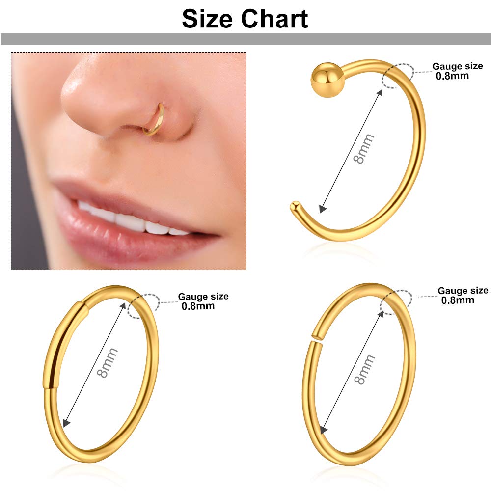 ONESING 40 PCS 20G Nose Rings/Nose Piercings Jewelry, Gold, Hoops L Shape Studs Screw 316L Surgical Stainless Steel for Men Women