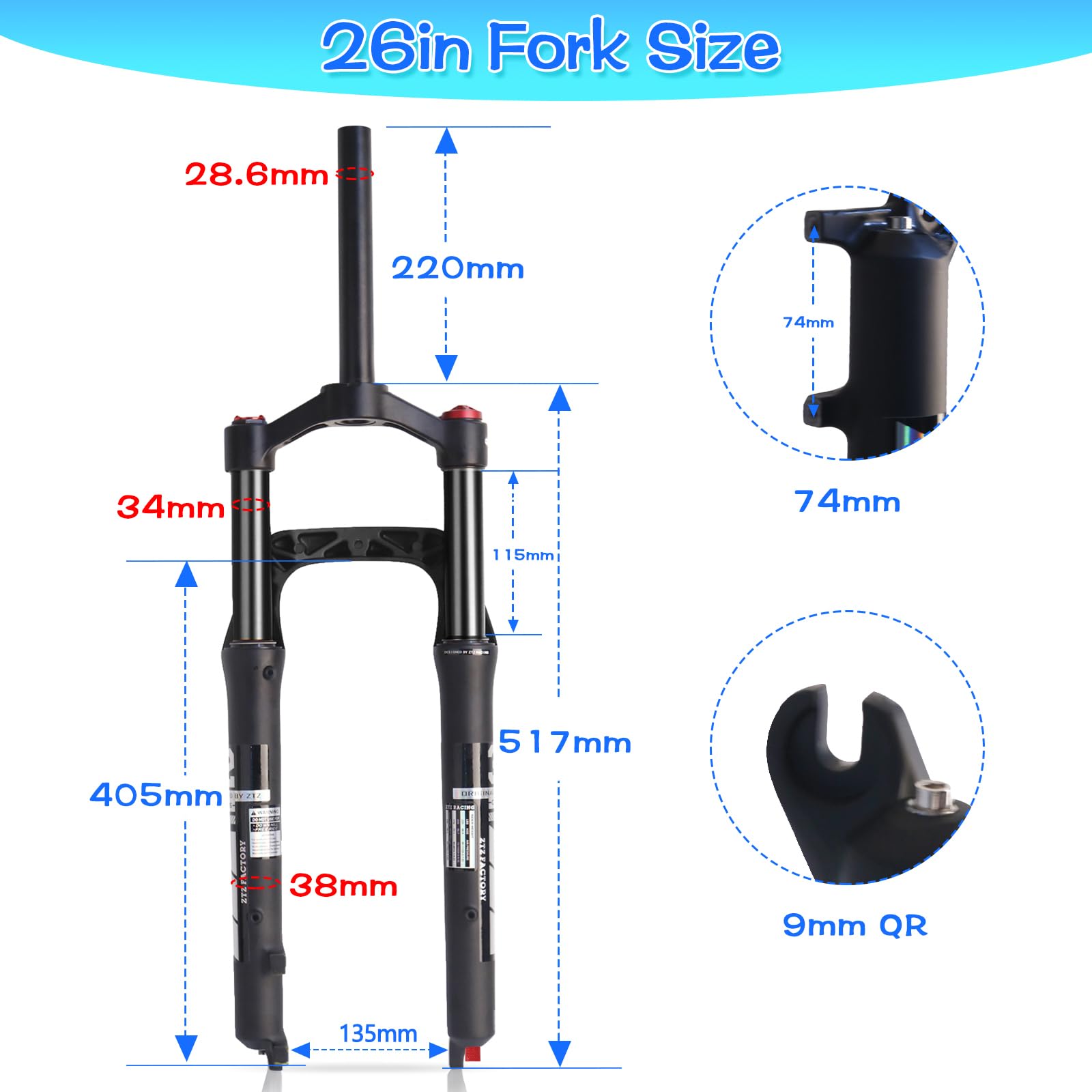 ZTZ 26 * 4.0 inch Fat Tire MTB Air Suspension Fork - Ultralight Rebound Adjustment Front Fork,120mm Travel, 135mm Spacing Hub，9mm QR，Crown Lockout， Ideal for Snow Beach XC Mountain Bikes