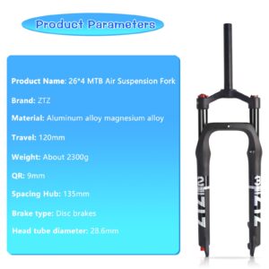 ZTZ 26 * 4.0 inch Fat Tire MTB Air Suspension Fork - Ultralight Rebound Adjustment Front Fork,120mm Travel, 135mm Spacing Hub，9mm QR，Crown Lockout， Ideal for Snow Beach XC Mountain Bikes