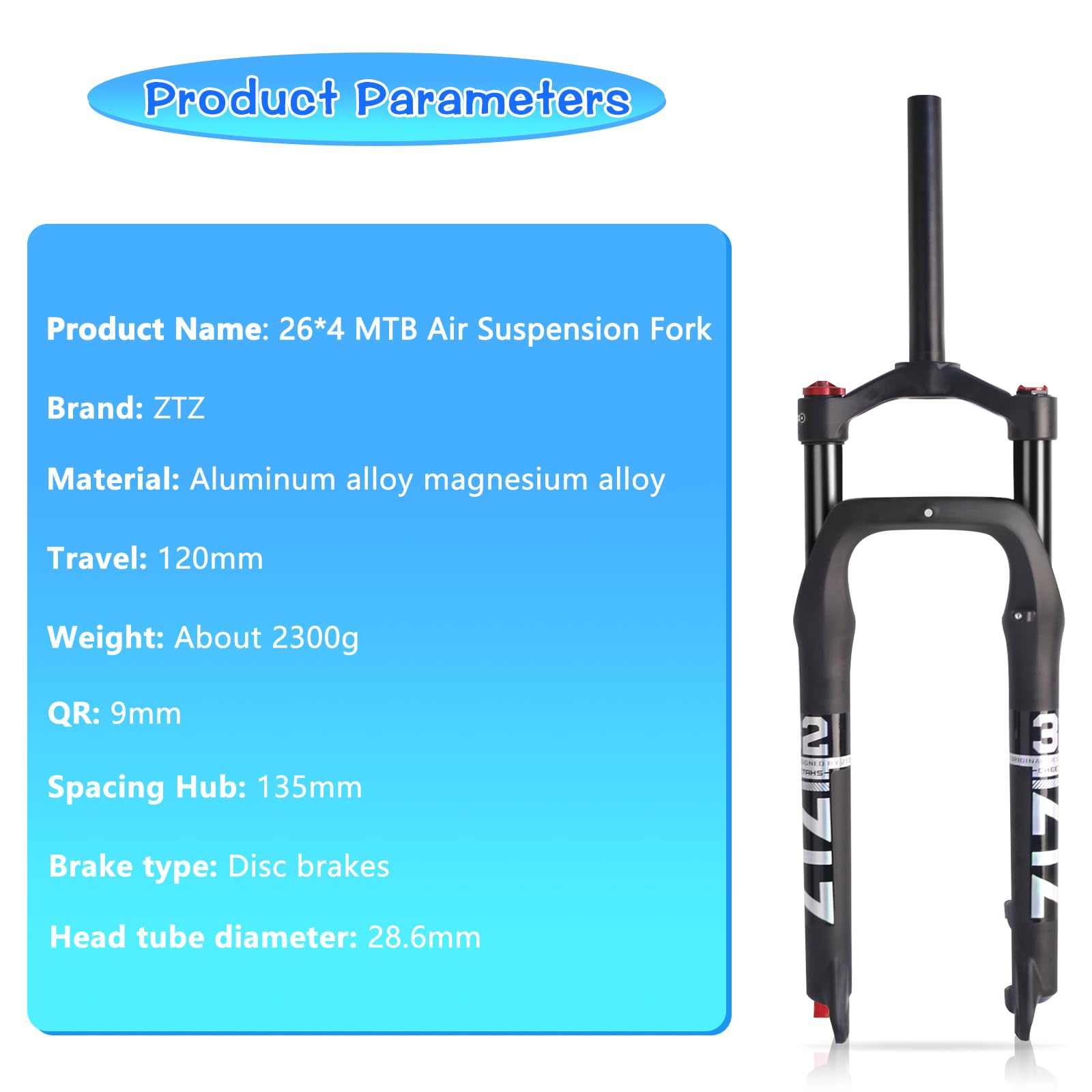 ZTZ 26 * 4.0 inch Fat Tire MTB Air Suspension Fork - Ultralight Rebound Adjustment Front Fork,120mm Travel, 135mm Spacing Hub，9mm QR，Crown Lockout， Ideal for Snow Beach XC Mountain Bikes