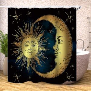 tjz home sun and moon shower curtain fabric, boho chic art golden sun moon and stars over blue black sky antique style polyester cloth print bathroom curtains include hooks set 72?w by 72?l (yl1412)