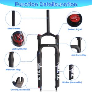 ZTZ 26 * 4.0 inch Fat Tire MTB Air Suspension Fork - Ultralight Rebound Adjustment Front Fork,120mm Travel, 135mm Spacing Hub，9mm QR，Crown Lockout， Ideal for Snow Beach XC Mountain Bikes