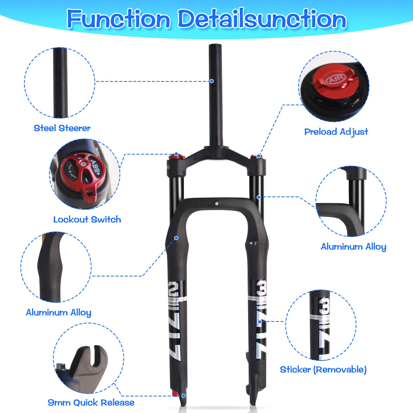 ZTZ 26 * 4.0 inch Fat Tire MTB Air Suspension Fork - Ultralight Rebound Adjustment Front Fork,120mm Travel, 135mm Spacing Hub，9mm QR，Crown Lockout， Ideal for Snow Beach XC Mountain Bikes