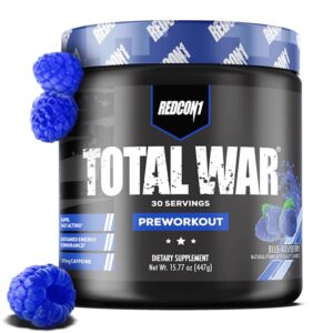 redcon1 total war pre workout powder, blue raspberry - beta alanine + citrulline malate keto friendly preworkout for men & women with 320mg of caffeine - fast acting (30 servings)