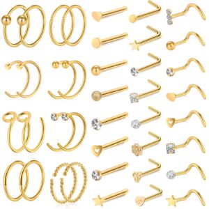 onesing 40 pcs 20g nose rings/nose piercings jewelry, gold, hoops l shape studs screw 316l surgical stainless steel for men women