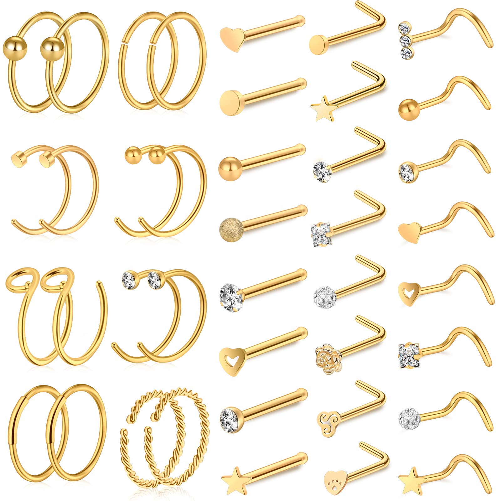 ONESING 40 PCS 20G Nose Rings/Nose Piercings Jewelry, Gold, Hoops L Shape Studs Screw 316L Surgical Stainless Steel for Men Women