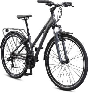 schwinn discover 2 adult hybrid bike for men and women, 700c wheels, 21-speeds, 15-inch frame, front and rear fenders, rear cargo rack, matte grey