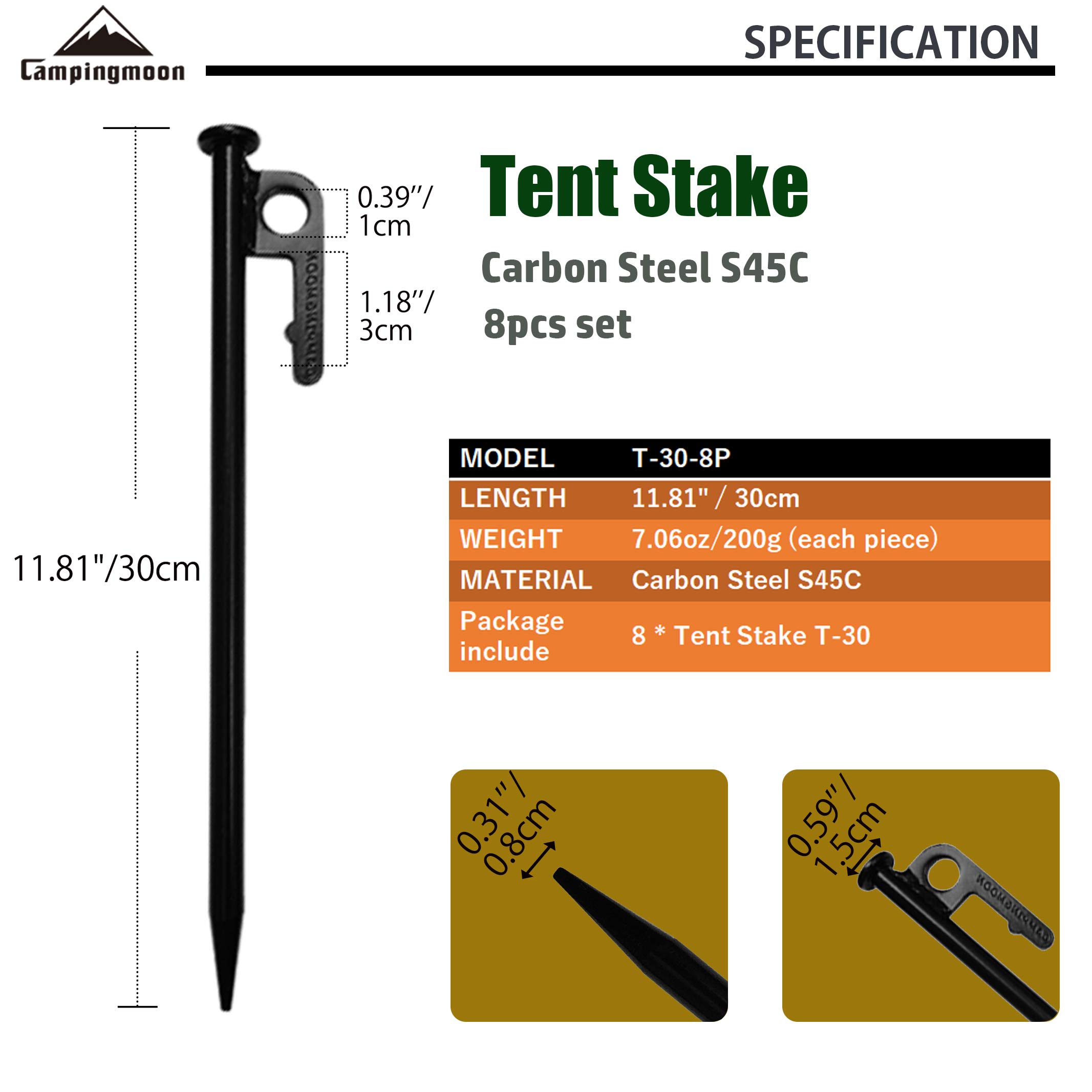 CAMPINGMOON 8pcs Carbon Steel S45C Black Coating Tent Stake for Hard Ground (【11.81-inch 8pcs set】)