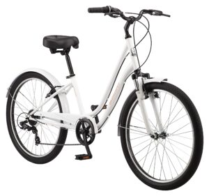 schwinn regioneer womens hybrid comfort bike, 26-inch wheels, 7 speed, 16.5-inch steel frame, alloy linear brakes, white