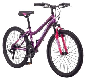 pacific cavern mountain bike for youth, boys and girls, 21-speed twist shifter, 24-inch wheels, 14-inch steel frame, front suspension, kickstand included, purple