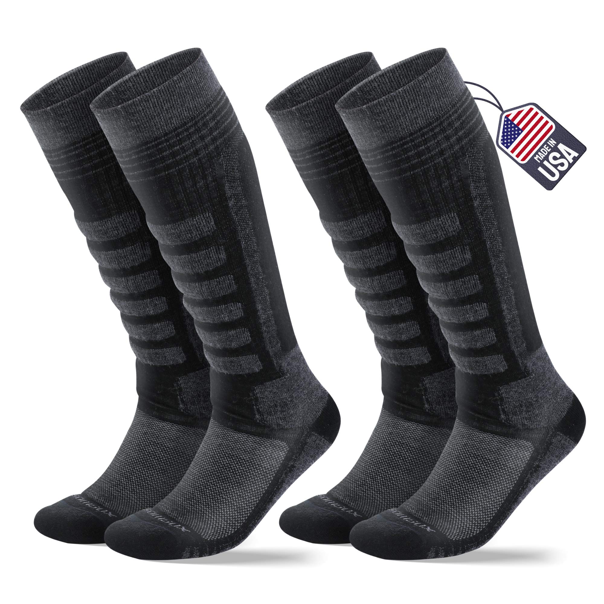 SAMSOX 2-Pair Merino Wool Ski Socks, Gray/Black L