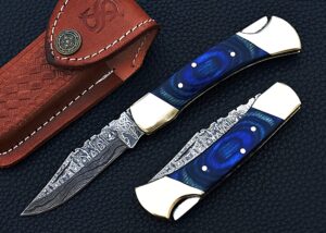 smart & sharp custom handmade damascus steel folding knife/pocket knife ar-17395 (blue colored wood) (blue)