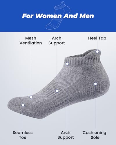 IDEGG 8 Pairs Ankle Performance Athletic Running Socks Low Cut Sports Tab Socks for Women and Men (Grey, Women Size:8-12)