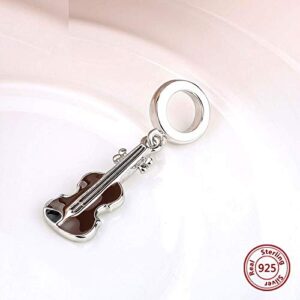 Bolenvi Wooden Violin Musical Instrument 925 Sterling Silver Charm Bead Pendant for Pandora & Similar Charm Bracelets or Necklaces