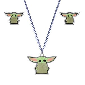 disney star wars the mandalorian grogu fashion stud earrings and necklace set, officially licensed