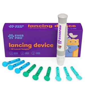 everpaw lancing device starter kit + 30 lancets for diabetes testing | adjustable lancing device for dogs and cats| 30 blood glucose lancets (10) 23g, (10) 26g and (10) 28g lancets for pets