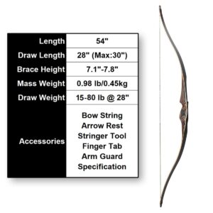 Deerseeker Archery 54" Traditional Bow Hunting Longbow with Bamboo Core Limbs Handmade Recurve Bow RH/LH for Targeting Practice Shooting Youth & Adults Bow Set 20-80lbs