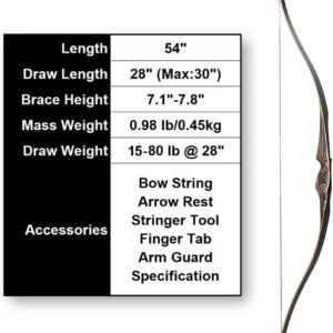 Deerseeker Archery 54" Traditional Bow Hunting Longbow with Bamboo Core Limbs Handmade Recurve Bow RH/LH for Targeting Practice Shooting Youth & Adults Bow Set 20-80lbs