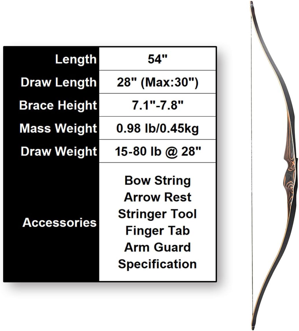 Deerseeker Archery 54" Traditional Bow Hunting Longbow with Bamboo Core Limbs Handmade Recurve Bow RH/LH for Targeting Practice Shooting Youth & Adults Bow Set 20-80lbs