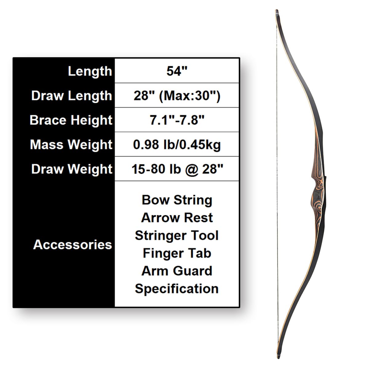 Deerseeker Archery 54" Traditional Bow Hunting Longbow with Bamboo Core Limbs Handmade Recurve Bow RH/LH for Targeting Practice Shooting Youth & Adults Bow Set 20-80lbs