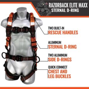 Malta Dynamics Razorback Elite MAXX Sternal D-Ring Safety Harness Fall Protection, Aluminum Quick Connect Buckles, Sewn-In Safety Belt, Small-Medium Option