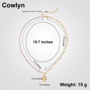 Cowlyn Love Heart Necklace Pendant 14K Gold Plated Paper Clip Chain Pearl Chain Vintage Charm Valentine Gift Women Jewelry