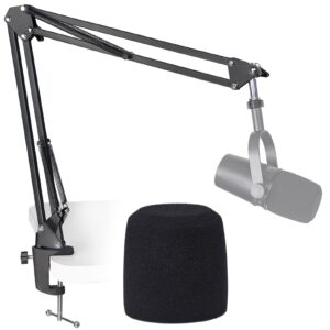 sunmon shure mv7 boom arm mic stand with pop filter, adjustable suspension boom scissor arm stand with pop filter compatible with shure mv7, shure mv7x adn sm7b microphone by sunmon