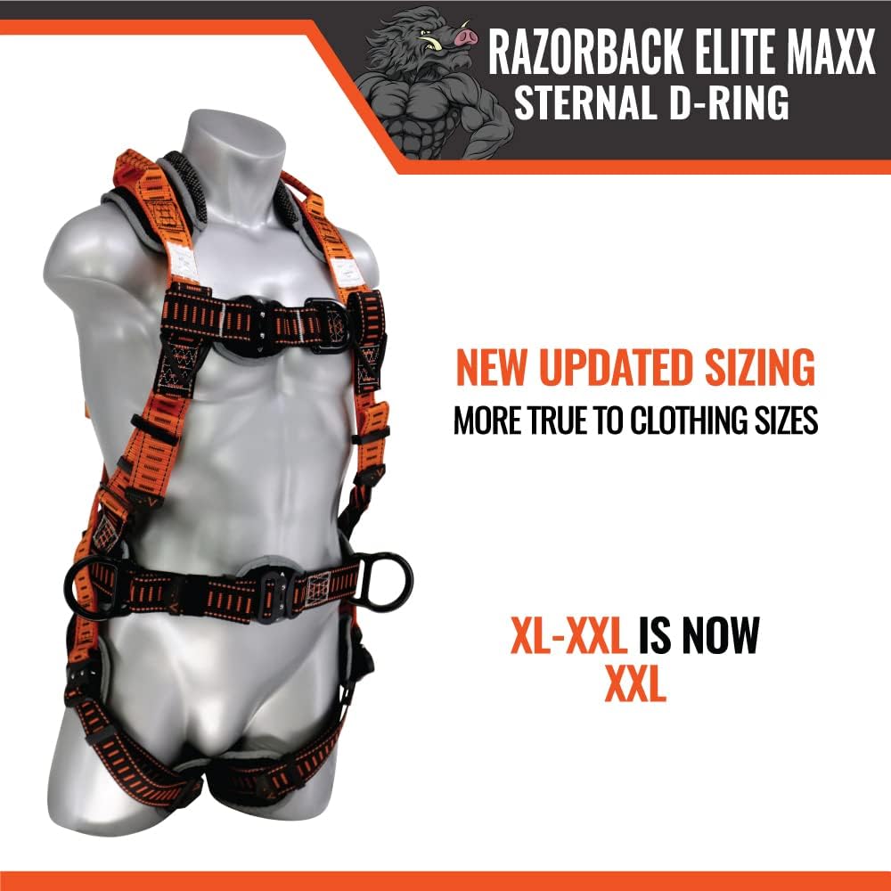 Malta Dynamics Razorback Elite MAXX Sternal D-Ring Safety Harness Fall Protection, Aluminum Quick Connect Buckles, Sewn-In Safety Belt, Small-Medium Option