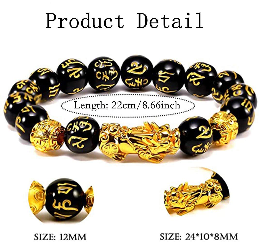 Homelavie 2 Pcs Feng Shui Black Obsidian Wealth Bracelet 12mm Mantra Bead Pi Xiu Bracelets for Women Men Attract Wealth and Good Luck (Style A)