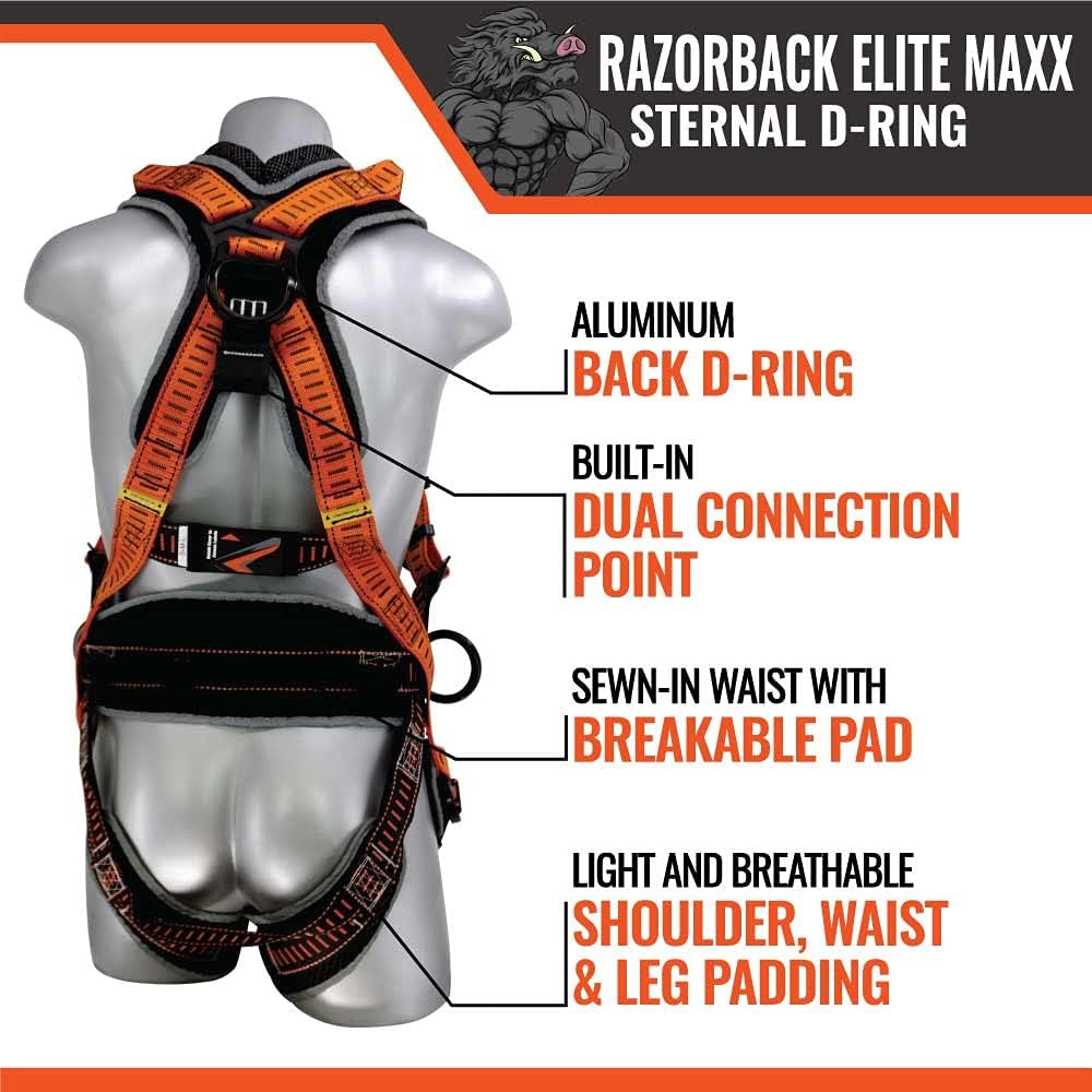 Malta Dynamics Razorback Elite MAXX Sternal D-Ring Safety Harness Fall Protection, Aluminum Quick Connect Buckles, Sewn-In Safety Belt, Small-Medium Option