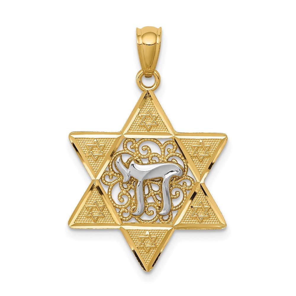 14k Two-tone Gold Polished Star of David w/Chai Pendant QK5707