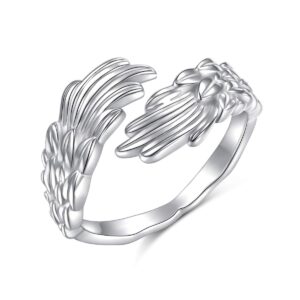 ladytree feather angel wings adjustable sterling silver open thumb ring for women loss of mom daughter loved ones mother’s day rememberance sympathy memory miscarriage purity jewelry size 7