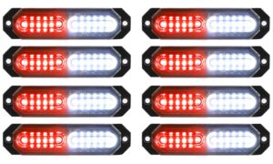 aspl 8pcs sync feature ultra slim 12-led surface mount flashing strobe lights for truck car vehicle led mini grille light head emergency beacon hazard warning lights (red/white)