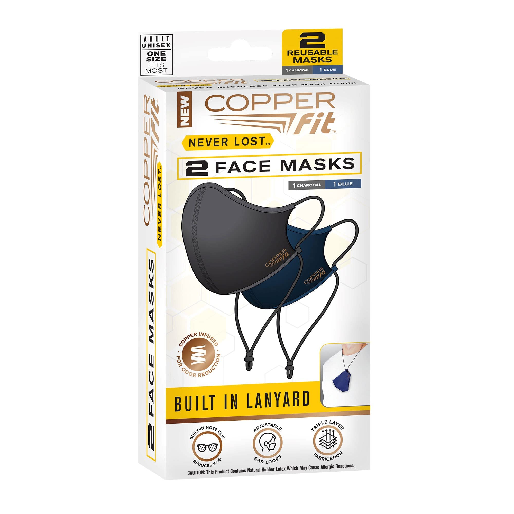 Copper Fit Unisex Never Lost Face Masks for Adults, Resuable Washable Fabic Mask, Copper Infused , 2 Pack