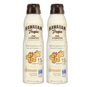 hawaiian tropic weightless hydration clear spray sunscreen spf 15, 6oz twin pack | hawaiian tropic sunscreen spf 15, sunblock, oxybenzone free sunscreen, spray on sunscreen pack, 6oz each