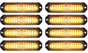 aspl 8pcs sync feature ultra slim 12-led surface mount flashing strobe lights for truck car vehicle led mini grille light head emergency beacon hazard warning lights (amber)