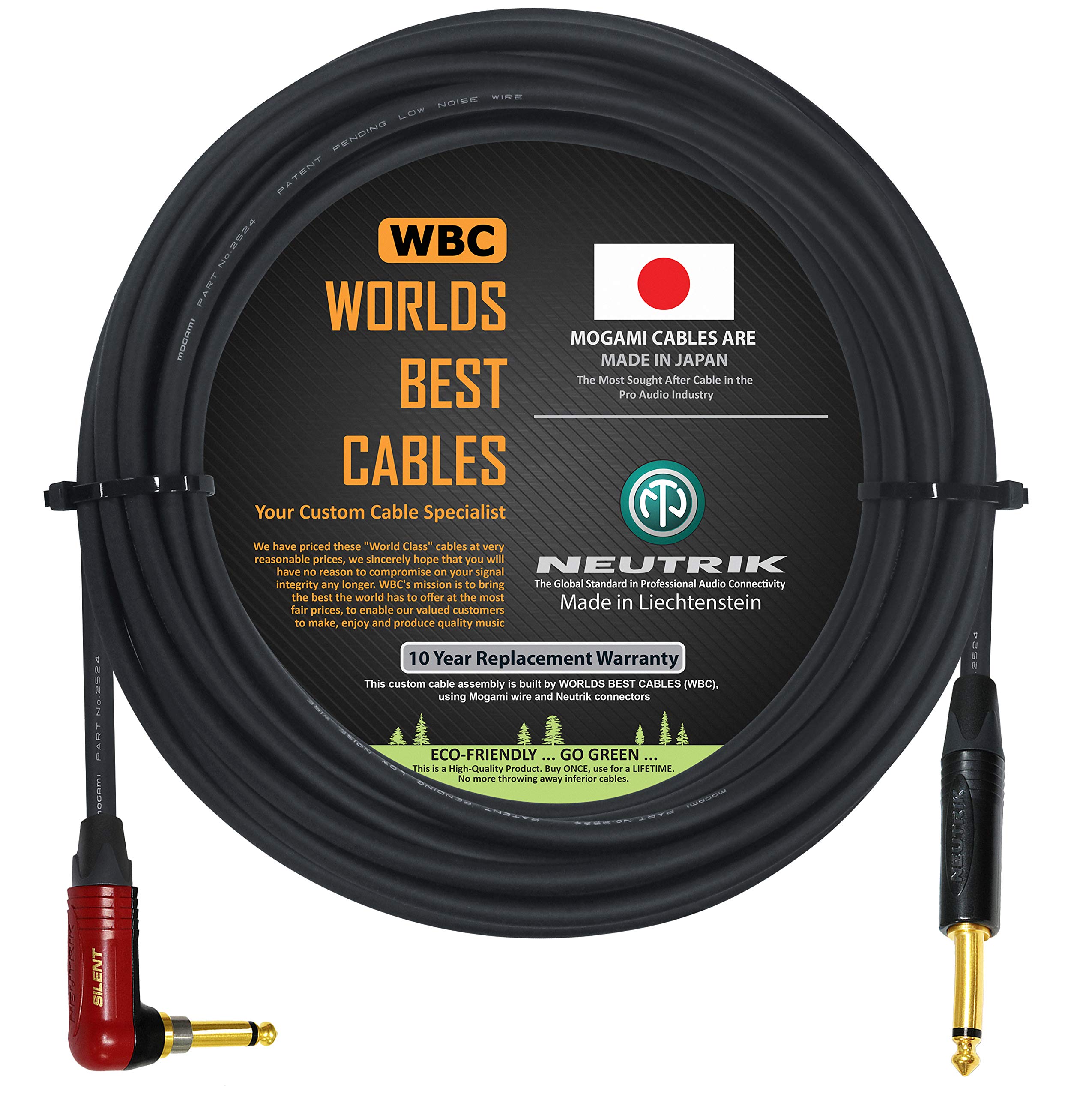 WORLDS BEST CABLES 25 Foot - Guitar Bass Instrument Cable Custom Made Using Mogami 2524 Wire and Neutrik NP2RX-AU-SILENT & Neutrik NP2X-B ¼ Inch (6.35mm) TS Plugs