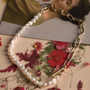 Cowlyn Paper Clip Pearl Necklace Vintage Chunky Link Chain Baroque Cultured Pearls 18K Gold Choker Fashion Retro Charm Valentine Jewelry for Women