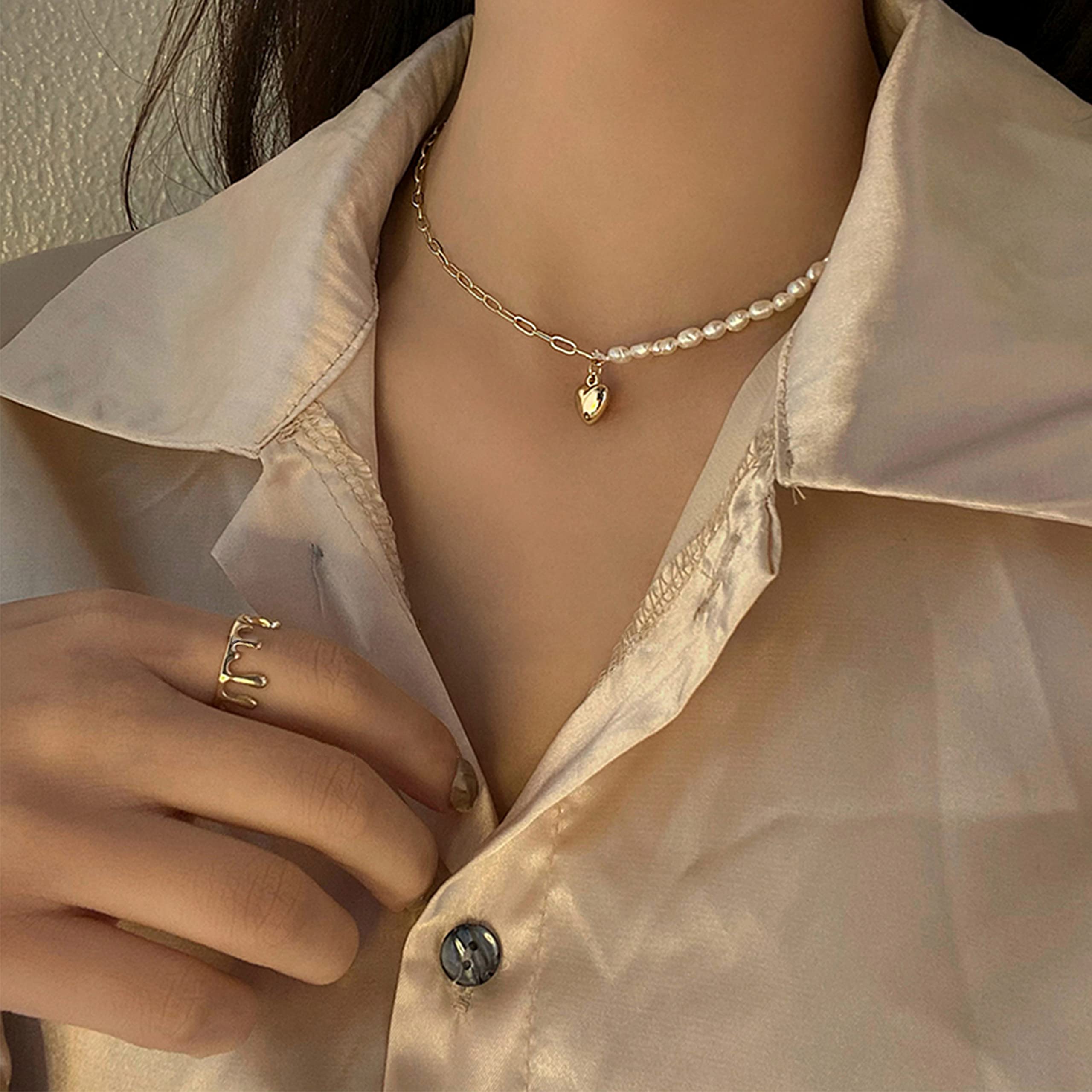 Cowlyn Love Heart Necklace Pendant 14K Gold Plated Paper Clip Chain Pearl Chain Vintage Charm Valentine Gift Women Jewelry