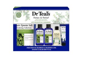 dr teal's eucalyptus & spearmint relax & relief full regimen 5-piece gift set (epsom salt soaking solution, foaming bath, body wash, moisturizing bath & body oil, body lotion)