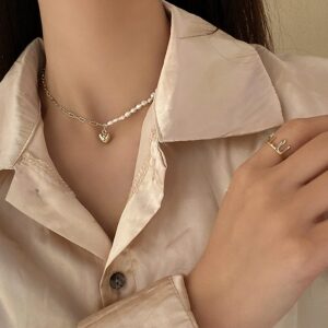 Cowlyn Love Heart Necklace Pendant 14K Gold Plated Paper Clip Chain Pearl Chain Vintage Charm Valentine Gift Women Jewelry