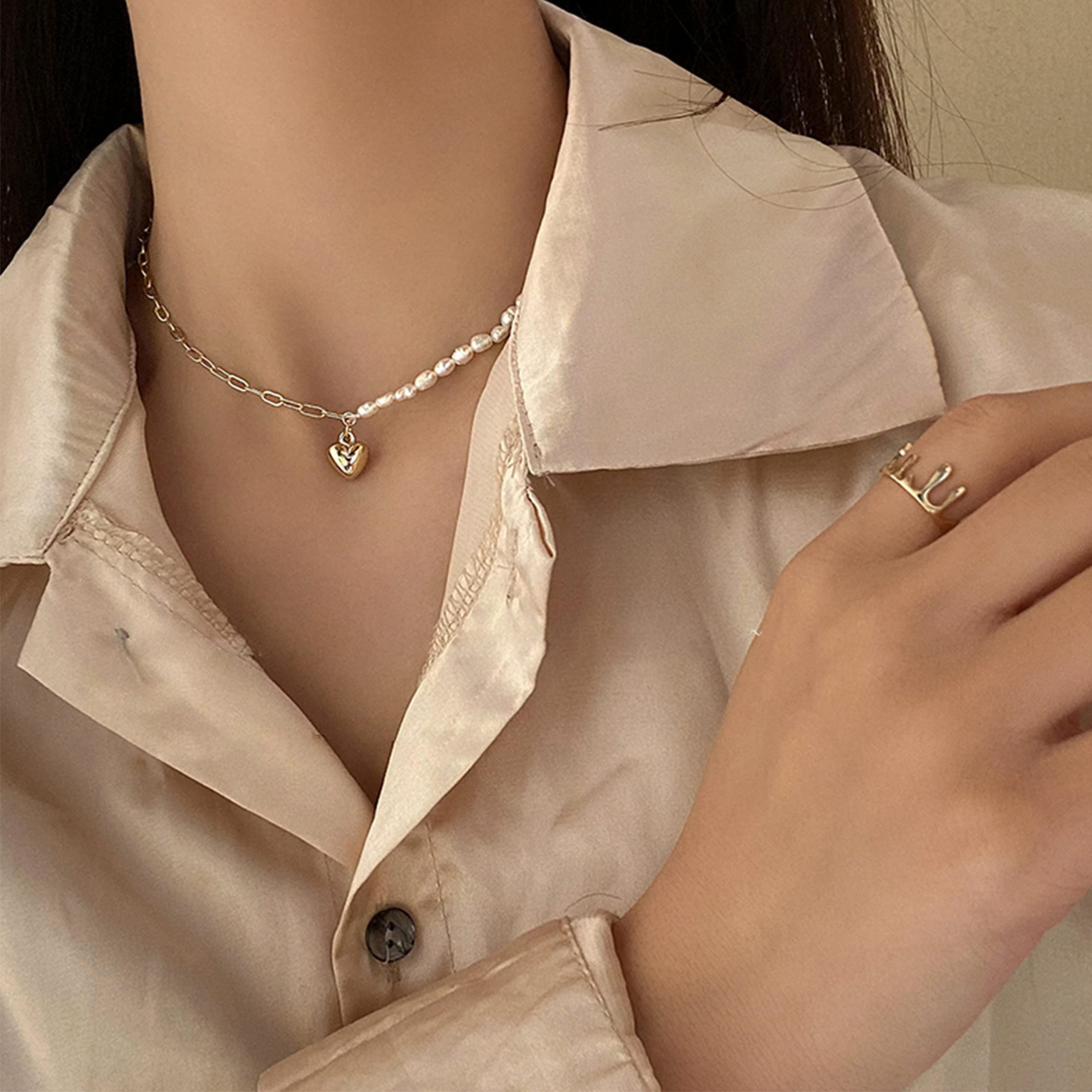 Cowlyn Love Heart Necklace Pendant 14K Gold Plated Paper Clip Chain Pearl Chain Vintage Charm Valentine Gift Women Jewelry