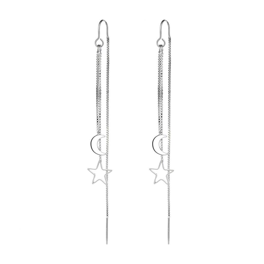 Tassel Moon Star Threader Drop Dangle Earrings for Women Cute Hollow Star Sterling Silver Plated Long Chain Hanging Earrings Minimalist Dangling Hypoallergenic Piercing Gifts Daughter Birthday